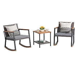 OC Orange-Casual 3 Piece Outdoor Rocking Bistro Set, Patio Wicker Furniture Conversation Set Chairs with Coffee Table and Cushion for Garden, Yard, Porch, Balcony,Grey