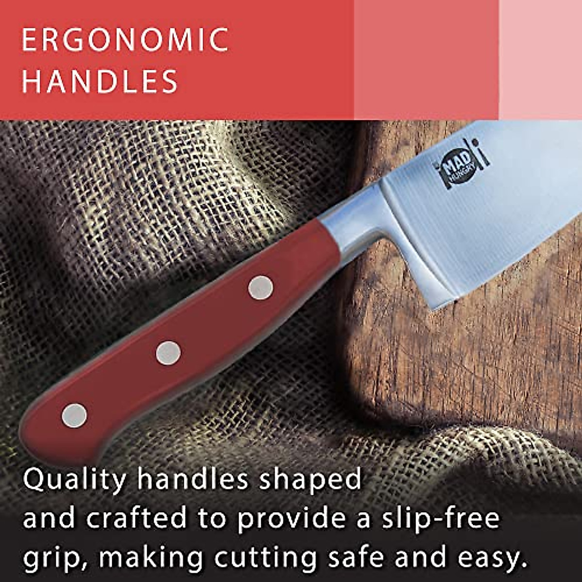 Mad Hungry 4-Piece Forged Specialty Knife Set - 6" Chef, 4.5" Serrated Utility, 3.5" Paring, & 3" Birds Beak Knives Kitchen (Red)