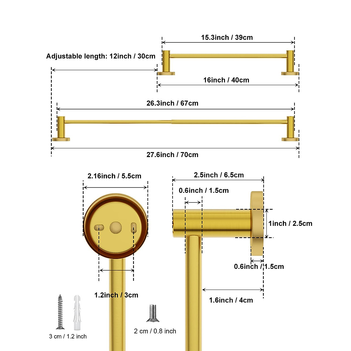 2 Pack Adjustable 16 to 27.6 Inch Single Gold Towel Bar, iMomwee SUS304 Stainless Steel Bath Towel Holder, Wall Mounted Towel Rail for Bathroom Kitchen Washroom, 1" Diameter Towel Rod with S Hooks