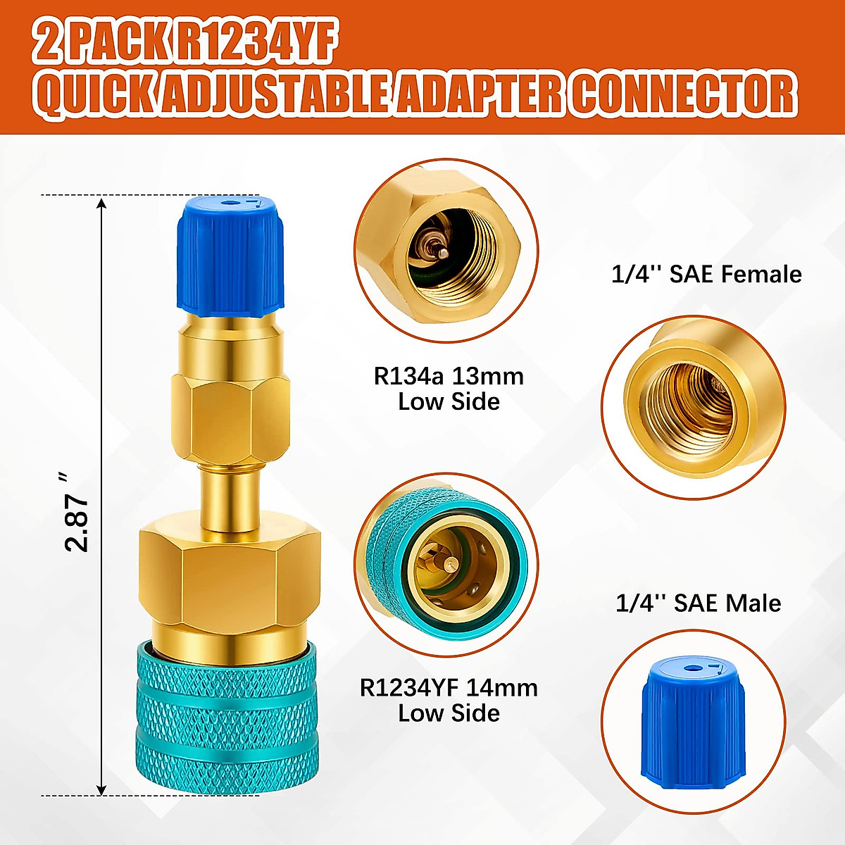 Quick Couplers Kit, R1234YF to R134A Conversion Kit, Blue and Red High Low Side R1234YF Adapters Hose Fitting Connectors for R1234YF Car Air Conditioning System Evacuation Recharging