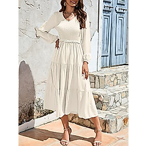 MEROKEETY Women's Long Sleeve Smocked Fall Dress A Line Tiered Midi Maxi Dress with Pockets,Beige,M