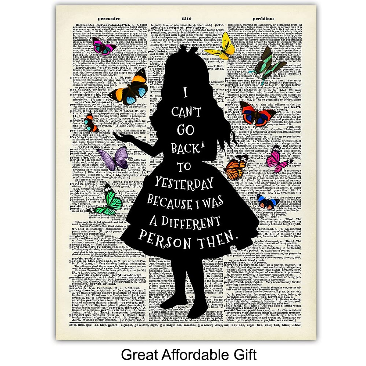 Alice Wonderland Wall Decor Quote Set - 8x10 Dictionary Art Photo Prints - Kids or Girls Bedroom Decor, Room Decorations - Wonderful Gift - Unframed Poster with Butterflies