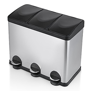 MoNiBloom 3-Compartment Step Trash Can with Soft-Close Lid for Kitchen Bathroom Bedroom Living Room Home Office Dorm Rectangular Fingerprint-Proof Foot Pedal Garbage Bin Stainless Steel 45-Liter
