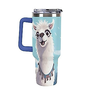 LLUTSNTH 40 Oz Vacuum Tumbler with Deep Blue Handle Leakproof Insulated Tumbler Llama Stainless Steel Travel Mug with Lid And Straw Coffee Cup Cute Water Bottles Cup Holder Friendly