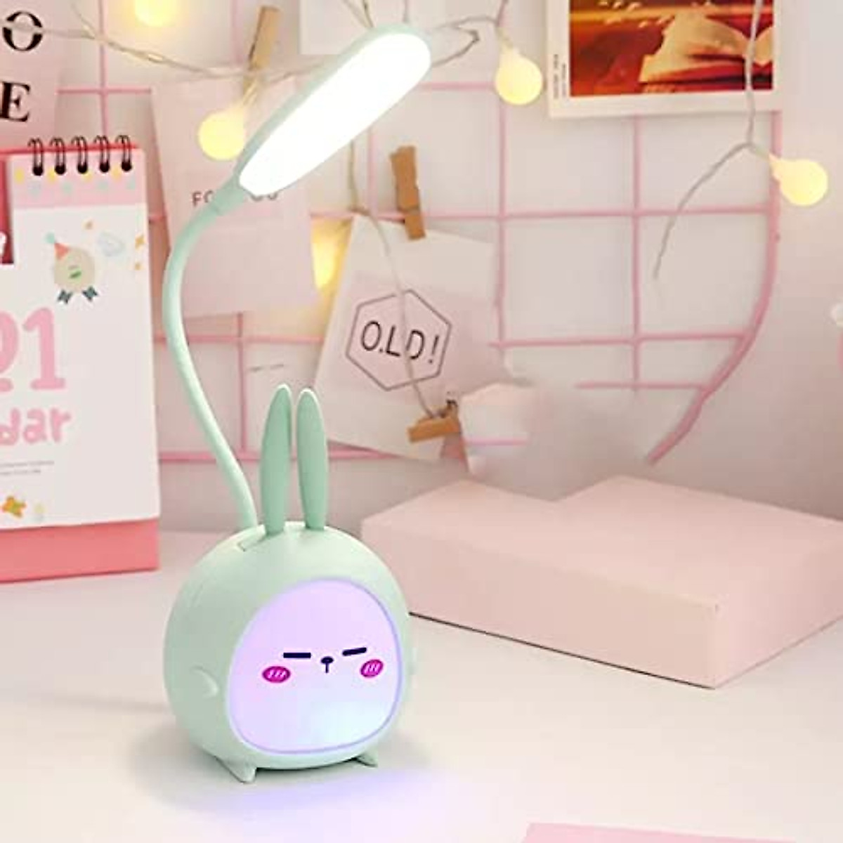 Portable LED Desk Lamp with Night Light Cute Bunny Foldable USB Charge Reading Light for Bedroom Kids Bedside Study (Green)