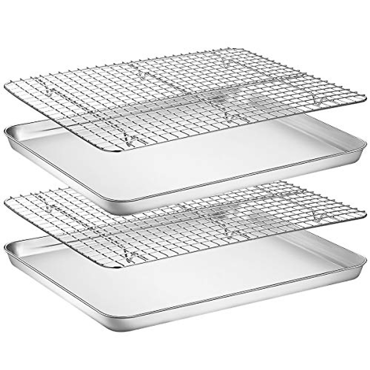 Baking Sheet with Rack Set [2 Pans + 2 Racks], Wildone Stainless Steel Cookie Sheet Baking Pan Tray with Cooling Rack, Size 16 x 12 x 1 Inch, Non Toxic & Heavy Duty & Easy Clean