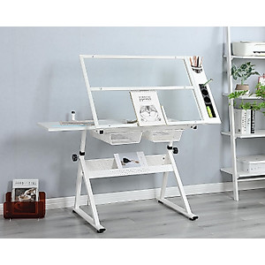 Seed Spring Adjustable Tempered Glass Drafting Printing Table, Modern Design Drafting Table Desk with Chair, Solid Construction, White Printing Desk with Storage Space for Home Office School