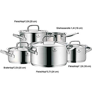 WMF Pot Set 5-Piece Gourmet Plus Inside Scale Steam Vent Made in Germany Hollow Handles Metal Lid Cromargan® Stainless Steel Suitable for Induction Hobs Dishwasher-Safe