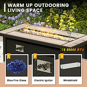 VICLLAX Patio Furniture Set 4 Pieces Outdoor Conversation Set, 3-Seat Sofa with 45" Ceramic Tabletop Fire Pit and 2 Swivel Sofa Chairs for Garden, Poolside, Backyard, Beige Cushion