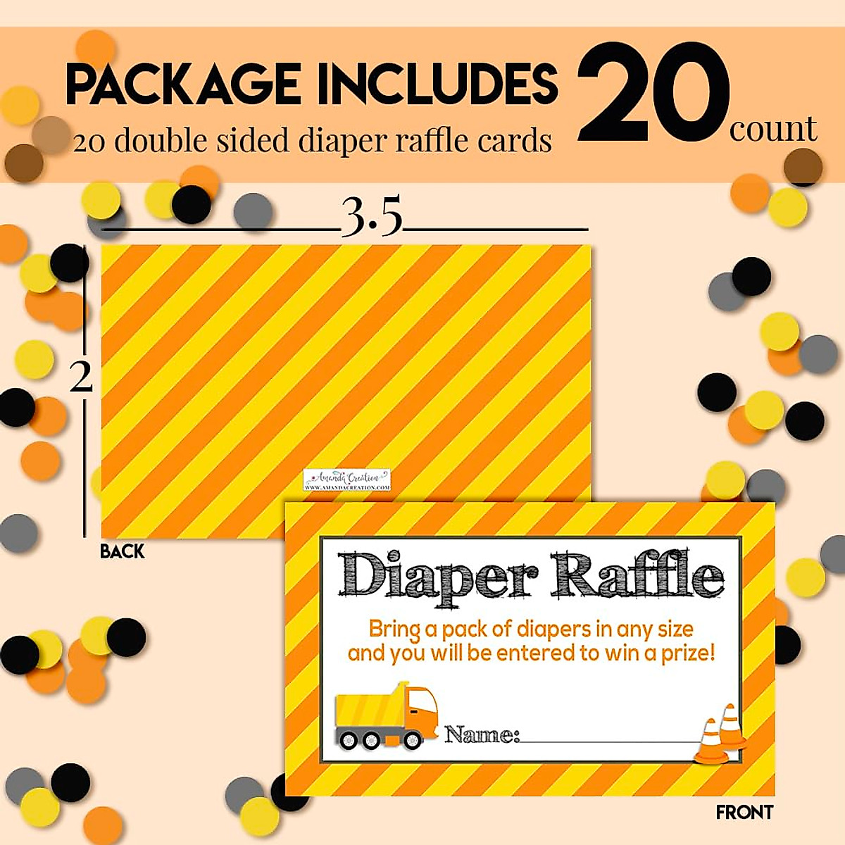Amanda Creation Baby Under Construction Diaper Raffle Tickets for Baby Boy Showers, 20 2" X 3” Double Sided Insert Cards for Games, Bring a Pack of Diapers to Win Favors & Prizes!
