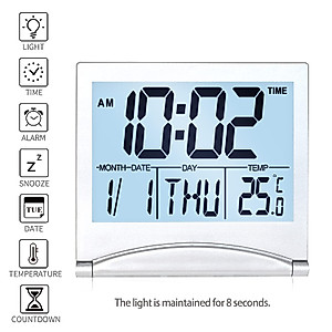 Betus Digital Travel Alarm Clock with White Backlight - Foldable Calendar Temperature Timer LCD Clock with Snooze Mode - Large Number Display, Battery Operated - Compact Desk Clock for All Ages