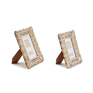 Two's Company 2-Piece 4" x 6" and 5" x 7" Rattan Photo Frame Set, Hand Woven Wicker Weave Natural Wood Rustic Boho Decor Frames