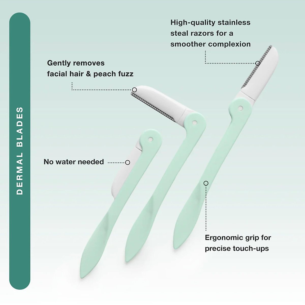 Contours Rx Derma Blades - Facial Razor & Dermaplaning Tool for Peach Fuzz, Bikini Line, Eyebrows, Arms and Neck - Portable Stainless Steel Face Razors with Foldable Handle (3pk)