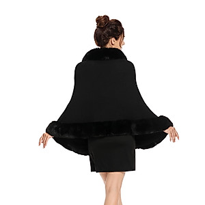 ZLYC Women Winter Faux Fur Shawl Stole Warm Wrap Cape (Black)