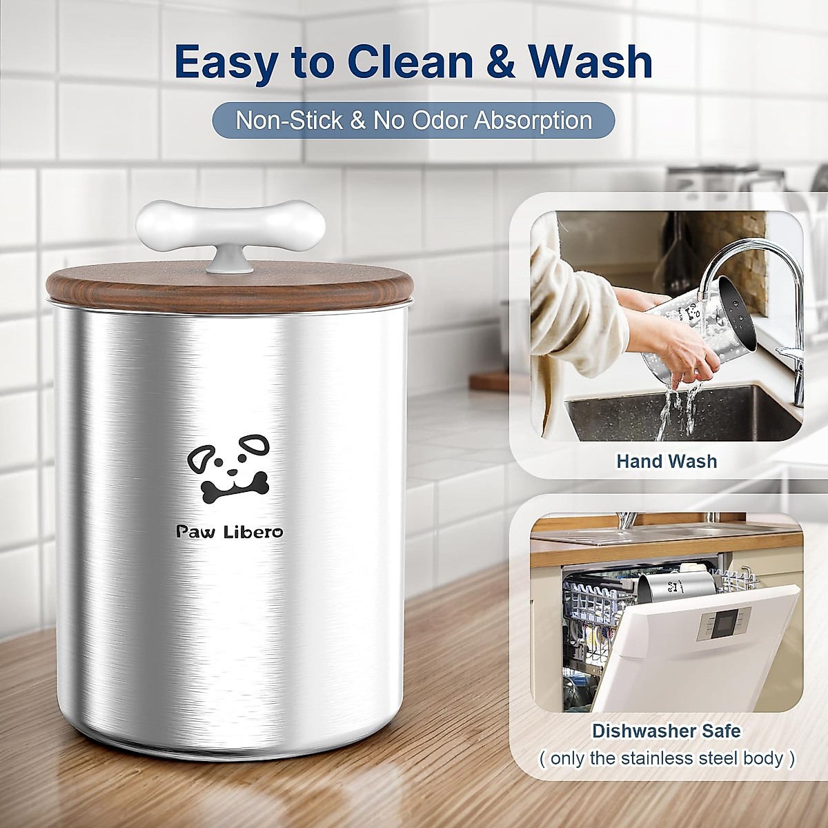 31 oz/10 cups Stainless Steel Dog Treat Container Airtight with Wooden Lid to Keep Fresh, Metal Dog Food Storage Container with Ceramic Bone Handle, Easy Clean Dog Treat Jar, Cat Treat Container Bin