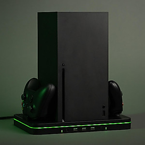Xbox Multi-Function Console Stand - Surge Charge Stand Compatible with Xbox Series X & S Consoles, Dual Controller Charge Bays, Rechargeable Batteries, Cooling Fan, LED Lighting