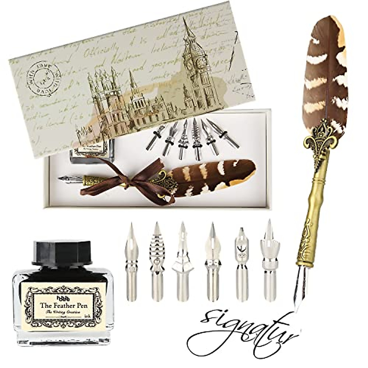 hhhouu Feather Pen and Ink Set, Quill Pen Set Antique Dip Pen with Ink and 6 Replacement Nibs 6pcs Nibs Calligraphy Pens for Beginners HO-Q-300