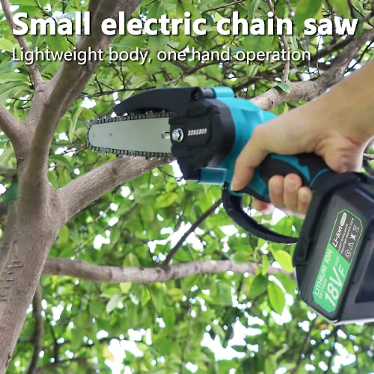 Cordless Mini Chainsaw 6“, BONSBOR handheld Chain saw with 2 Chains 2x 5.0Ah Batteries and A Charger for Tree Trimming Wood Cutting Courtyard Garden Pruning