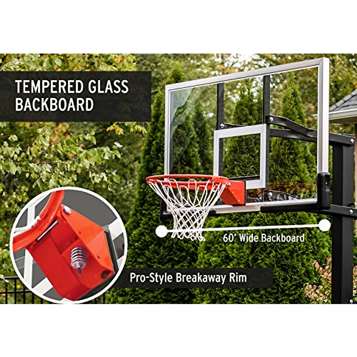 Silverback 60" In-Ground Basketball System with Adjustable-Height Tempered Glass Backboard and Pro-Style Breakaway Rim