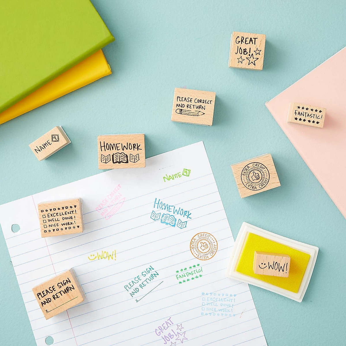 9 Piece Set of Wooden Rubber Teacher Stamps - Classroom Supplies for Grading Homework (Assorted Sizes)