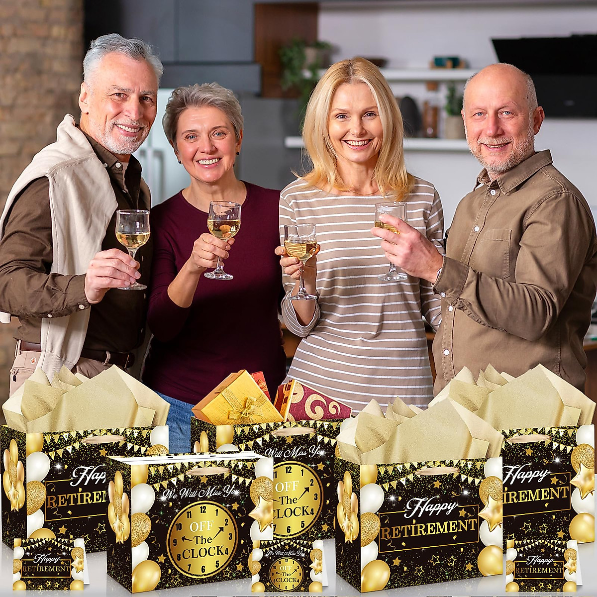Retirement Gift Bag with Tissue Paper Set Large Black and Gold Happy Retirement Wrapping Gift Bag and Greeting Card for Men Women Office Coworker Farewell Going Away Party Favors Wrap Bags Supplies