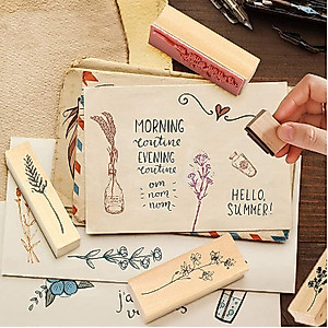 Yayatty 8 PCS Vintage Wooden Rubber Stamps with 5 PCS Craft Ink Stamp Pads Set, Wooden Plant Stamps Set Vintage Rubber Stamps for Crafting for DIY Craft, Letters Diary and Craft Scrapbooking