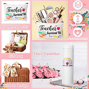 Reallnaive 11 Pcs Teacher Gifts for Women Appreciation Graduation Thank You Gift Include Tumbler, Basket, Ribbon, Bracelet, Card, Towel, Makeup Bag, Plant, Makeup Brushes, Nail Clippers, Socks