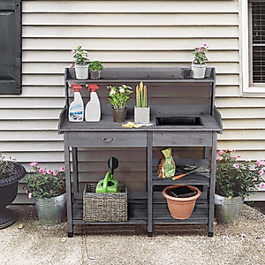 Yaheetech Outdoor Potting Bench Table Potters Benches Garden Workstation for Horticulture with Drawer/Adjustable Shelf Rack/Removable Sink/Hooks/Pads, Gray
