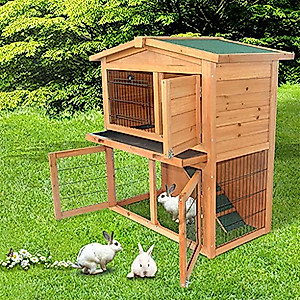 40 Inch Wood Rabbit Hutch 2-Story Rabbit Cage Bunny Hutch Indoor Outdoor Guinea Pig Cage, Small Animal Enclosure with Run Area, Removable No Leaking Tray, Asphalt Roof, Lockable Doors and Ramp