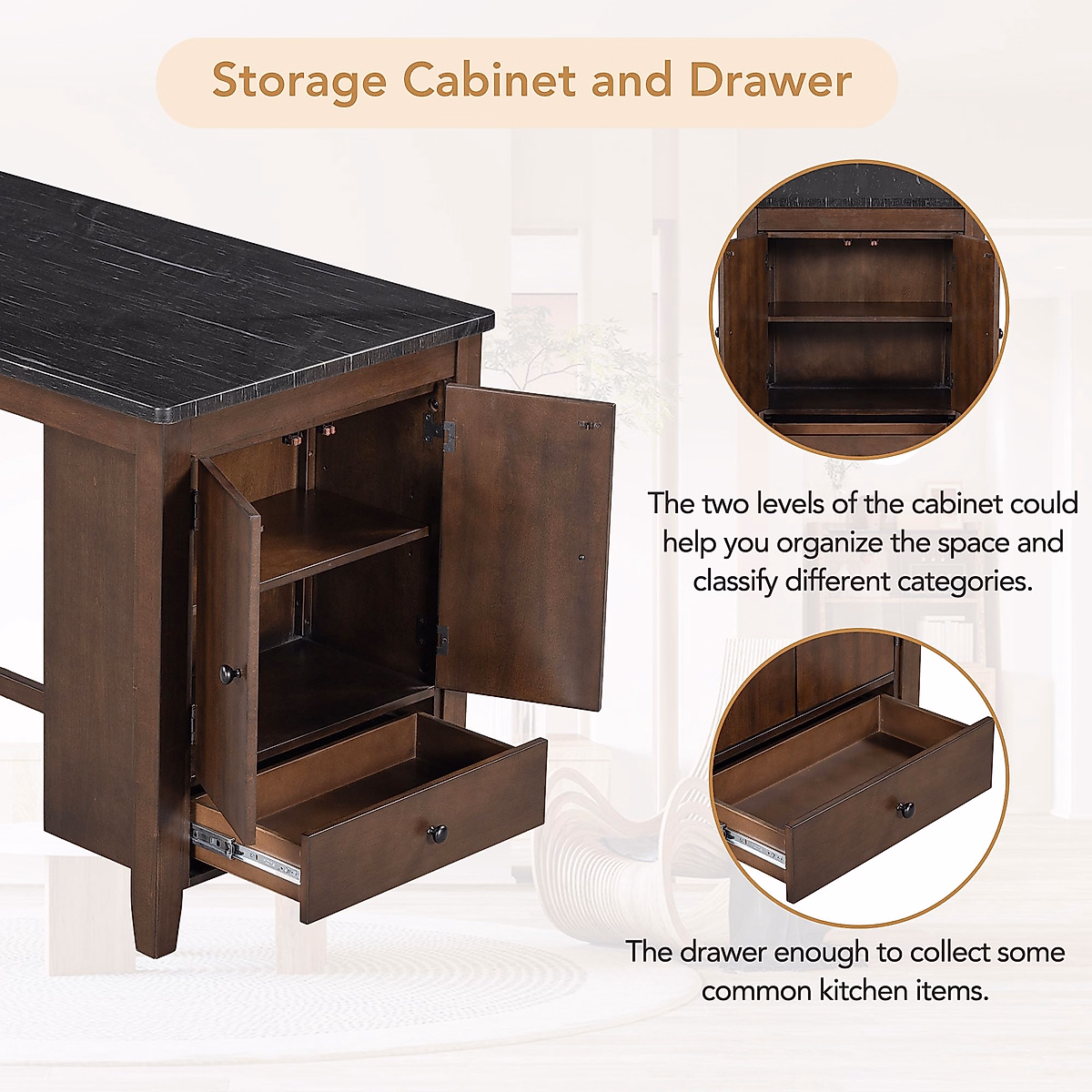 KLMM Retro Solid Wood 5-Piece Counter Height Dining Table Set with Faux Marble Tabletop,Storage Cabinet and Drawer,for Small Places Dining Room Use (Dark Walnut@Drawer)