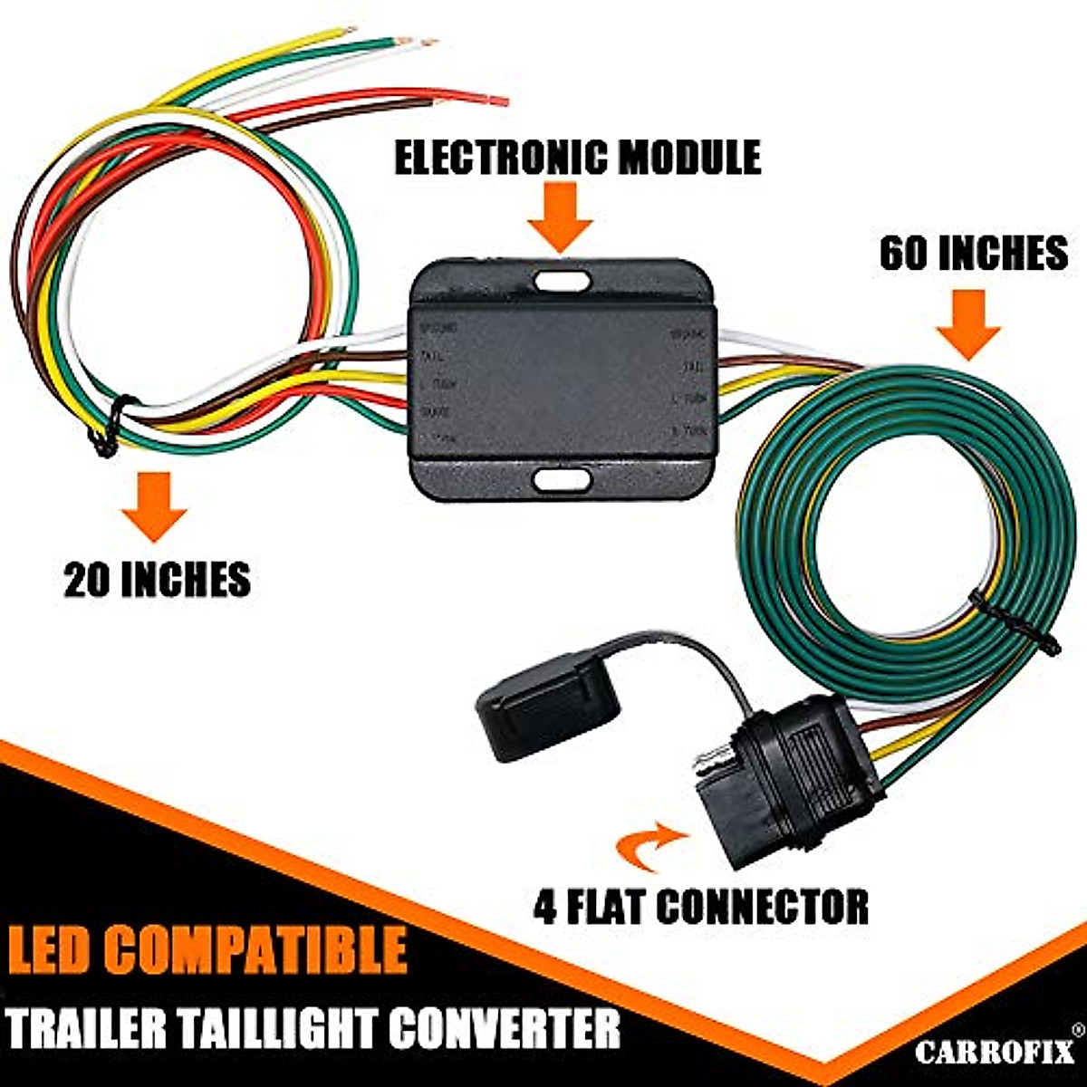 CARROFIX LED Compatible Taillight Converter with 20" Inches Leads and 60" Inches 4-Wire Flat Extension Vehicle End Connector