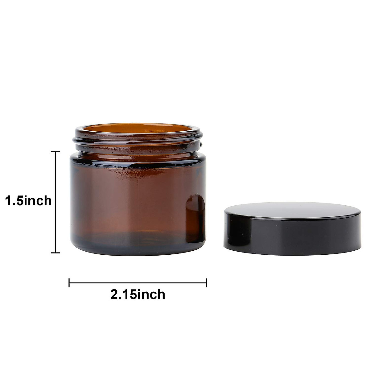 2 oz Round Glass Jars (6 Pack) - Empty Cosmetic Containers with Inner Liners, black Lids and Glass Sample Jars with lables (Amber) by THETIS Homes