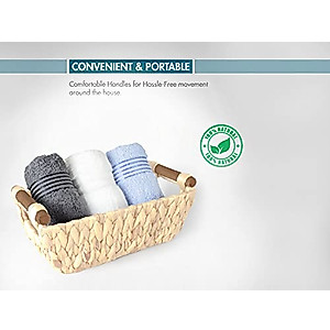 ADO Basics Water Hyacinth Hand Woven Basket, Stain Resistant Polished Wooden Handles Storage Wicker Baskets 12" Length, 6.29" Width, 4.25 Height