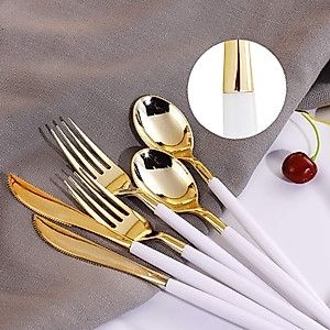 WDF 30Guest Gold Plastic Plates Disposable - Gold Plastic Silverware With White Handle Baroque Plates Disposable for Weddings, Parties, Mother's Day