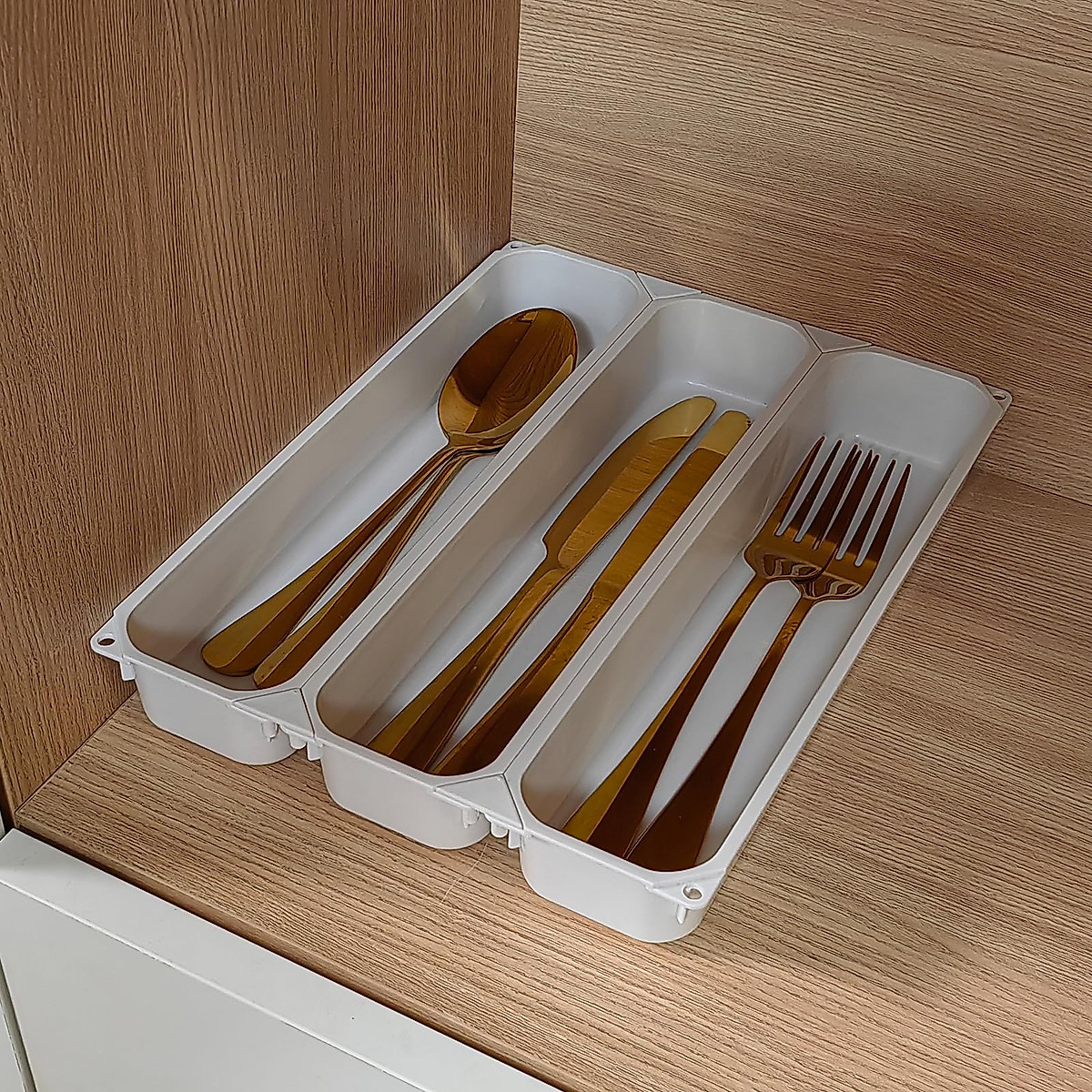 TUNGTAR custom silverware drawer tray small drawer organizer for utensils holder 7.5 inches cutlery tray, DIY organizer for silverware, flatware, knives in Kitchen, Bedroom white 3in1 (White, Small)