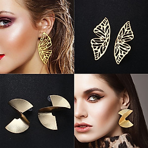 BESTEEL Gold Statement Earrings for Women Boho Large Gold Plated Drop Dangle Geometric Exaggerated Earrings Set Hypoallergenic Punk Stylish Sectored Twisted Flower Ginkgo Leaf Earrings Jewelry Multipack Gift 12 Pairs
