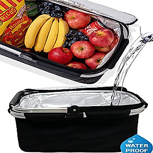 Picnic Basket Foldable Insulated with lid 32L Extra Large Insulated Bag for Picnic, Food Delivery, Take Outs, Grocery Shopping, and as Cooler Bag. Foldable Design