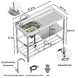 Free Standing Stainless-Steel Single Bowl Commercial Restaurant Kitchen Sink Set w/Faucet & Drainboard, Prep & Utility Washing Hand Basin w/Workbench & Double Storage Shelves Indoor Outdoor (47in)