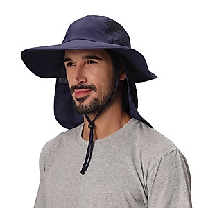 Home Prefer Mens UPF 50+ Sun Protection Hat Wide Brim Fishing Hat with Neck Flap (Navy Blue)