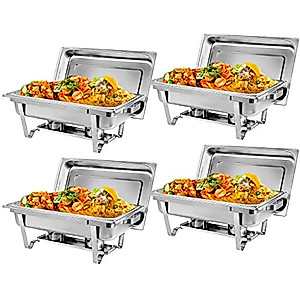 SUPER DEAL 8 Qt Stainless Steel 4 Pack Full Size Chafer Dish w/Water Pan, Food Pan, Fuel Holder and Lid For Buffet/Weddings/Parties/Banquets/Catering Events (4)