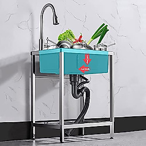 EMENG Commercial Sink with Faucet Stainless Steel Catering Sink Multifunctional Kitchen Wash Sink, Removable Storage Shelf, 2.0mm Thick, 56×46×75cm