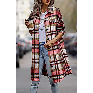 PRETTYGARDEN Women's Plaid Shacket 2025 Long Sleeve Button Up Flannel Shirt Winter Tartan Jacket Woolen Coats (Red,X-Large)