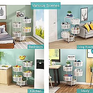 IKESOMUE Rack-Rotating Vegetable Rack Floor-Standing Rotating Basket Storage Shelf Stand Round Multi-Layer Kitchen Trolley 5 Tier Organizer with Wheels for Bathroom Living Room Bedroom (White) H1001