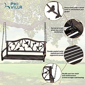 PHI VILLA Outdoor Metal Porch Swing, Outdoor Steel Hanging Swing Chair Patio Bench Swing with Sturdy Chains & Bird Pattern Backrest, 450lbs Weight Capacity for Porch, Deck-Bronze