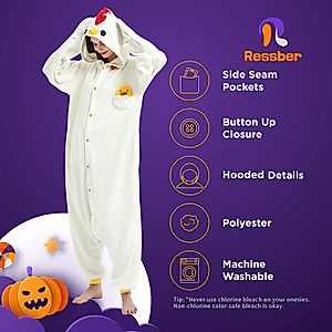 ressber Unisex Adult Onesie Pajamas Animal One Piece Halloween Costume Christmas Sleepwear Jumpsuit (White Chicken, Small)