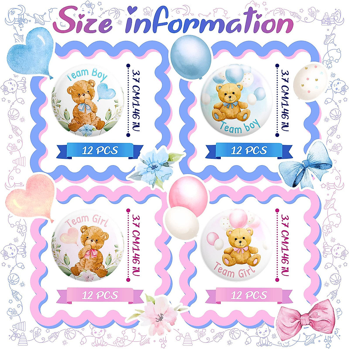 48 Pieces Bear Gender Reveal Buttons Team Boy Girl Button Pins Bear Gender Reveal Favors in Pink and Blue for Baby Shower Gender Reveal Party Game Supplies, 4 Styles, 1.47 Inch