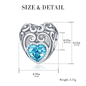 FOREVER QUEEN March Birthstone Charms- Leaves Wave Heart Bead Charms- 925 Sterling Silver Openwork Charm fit Charms Bracelet Necklace for Women, Daughter, Wife, Girlfriend, Mother