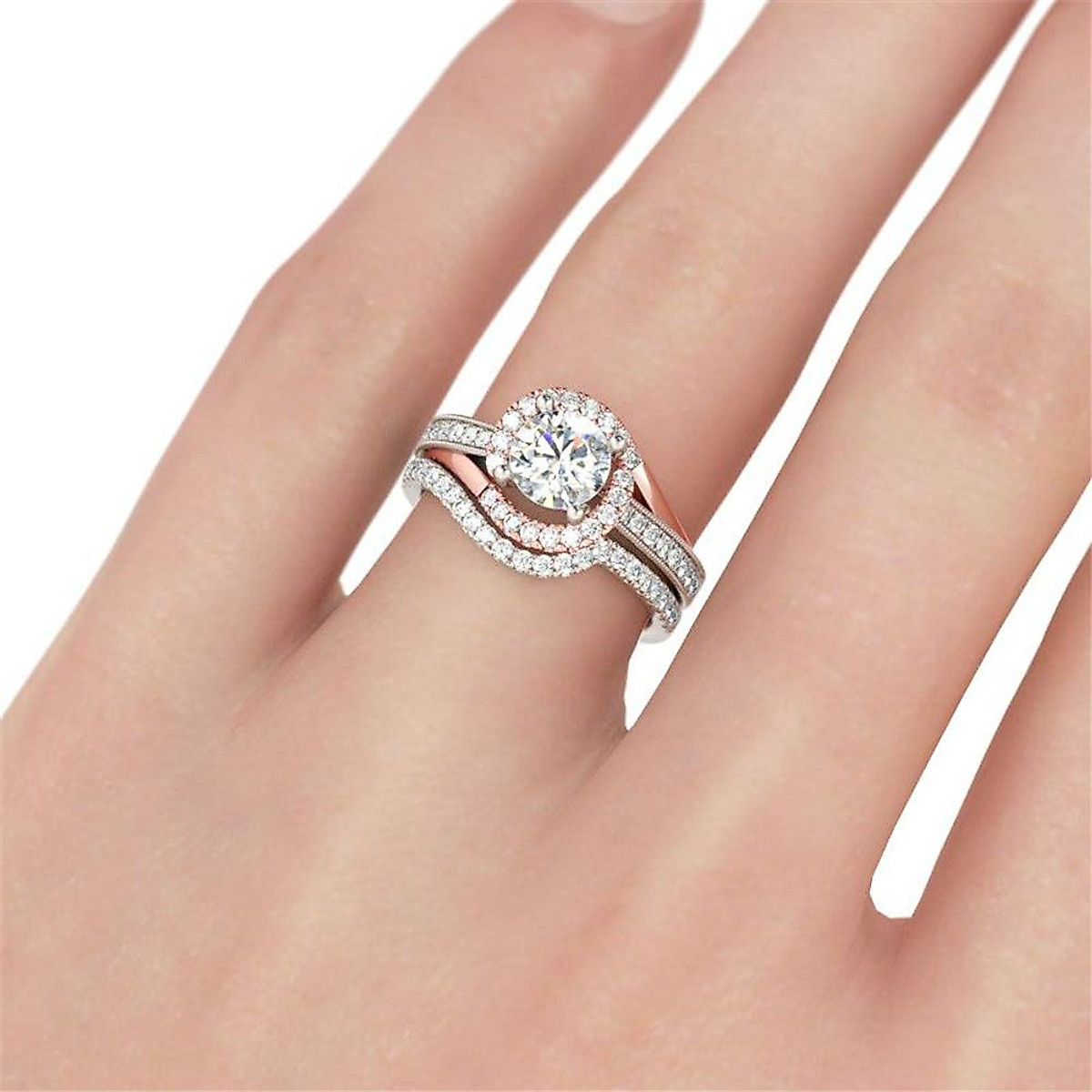 Jeulia Split Shank Halo Diamond Engagement Ring Sterling Silver CZ Wedding Set Round Cut Solitaire Bridal Set Promise Anniversary Rings with Jewelry Box (9.5)