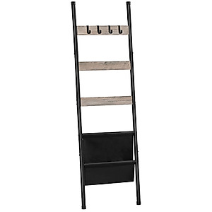 HOOBRO Blanket Ladder, 5 Tier Towel Rack, 17.3" L x 63" H, Wall-Leaning Blanket Rack for Living Room, Decorative Ladder with 4 Hooks and Magazine Pocket, Greige BG32CJ01