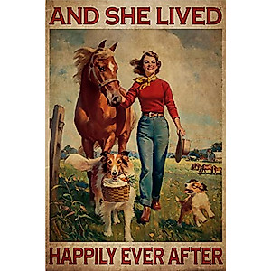 Metal Tin Retro Sign- Vintage Girl with Horse and Dogs Metal Poster, She Lived Happily Ever After Metal Poster, Vintage Art, Retro Metal Poster, Vintage Wall Art, Living Room Decor 8x12inch